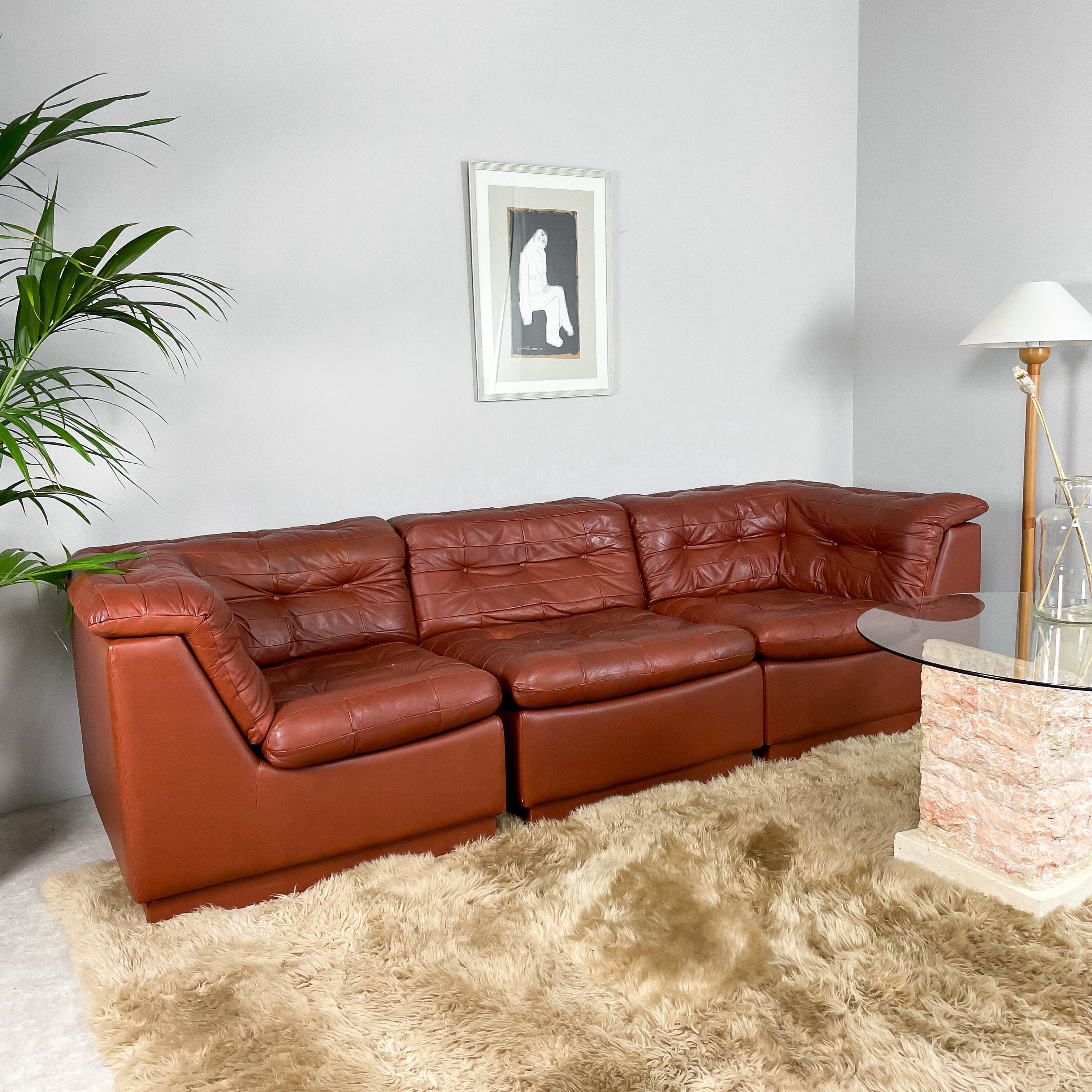 Soffa i moduler brunt skinn | Vintagebyrån | Second hand Varberg